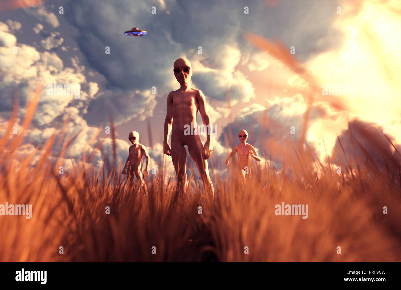 An aliens in grass field,3D illustration concept background Stock Photo ...