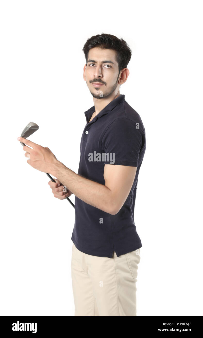Picture of handsome boy with golf stick in hand. Isolated on white ...