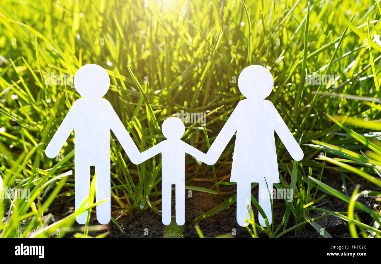Paper family on green grass Stock Photo - Alamy