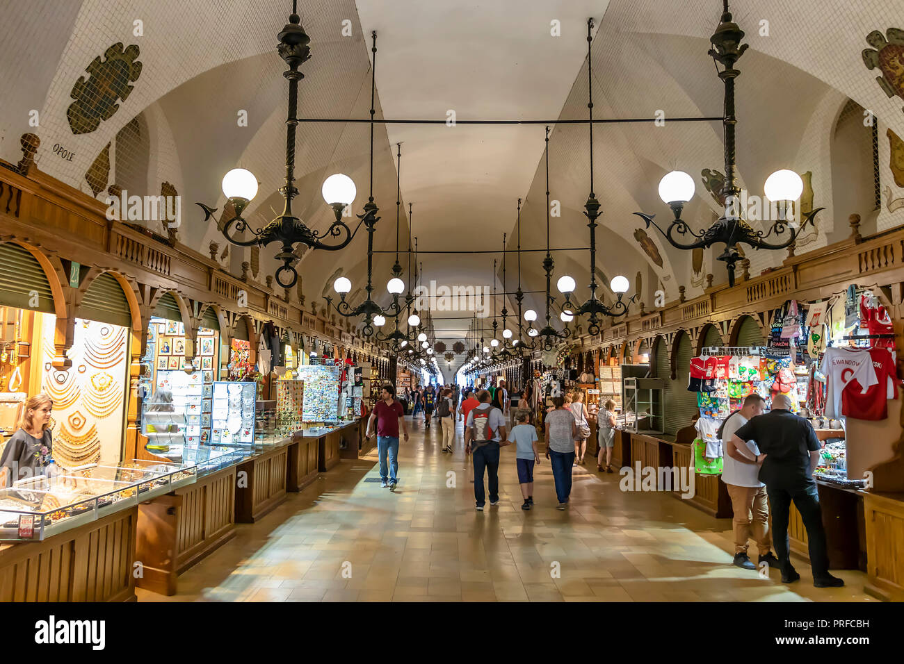 Krakow, Poland June 5, 2018: Interior of gallery of Cloth Hall with ...