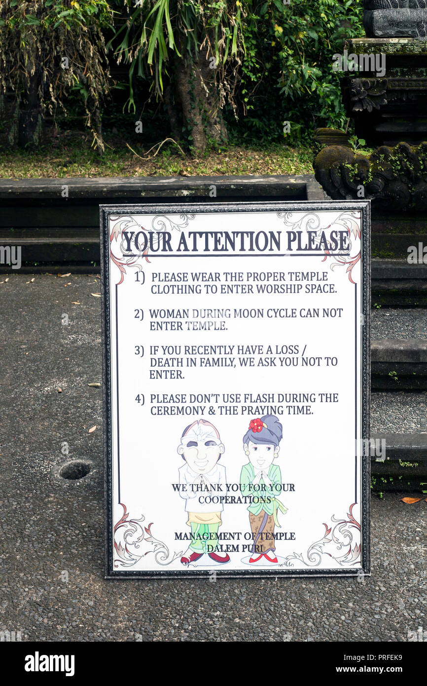 Ubud, Bali, Indonesia - 05 March 2018: Signboard with attention for ...