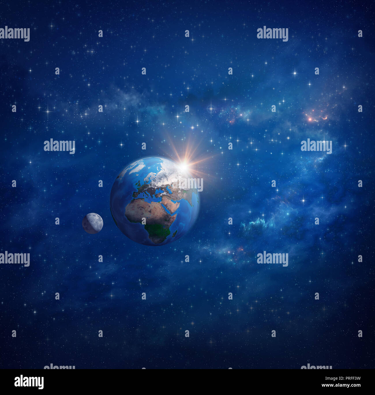 Planet Earth in outer space, sunrise and moon. Star clusters ...