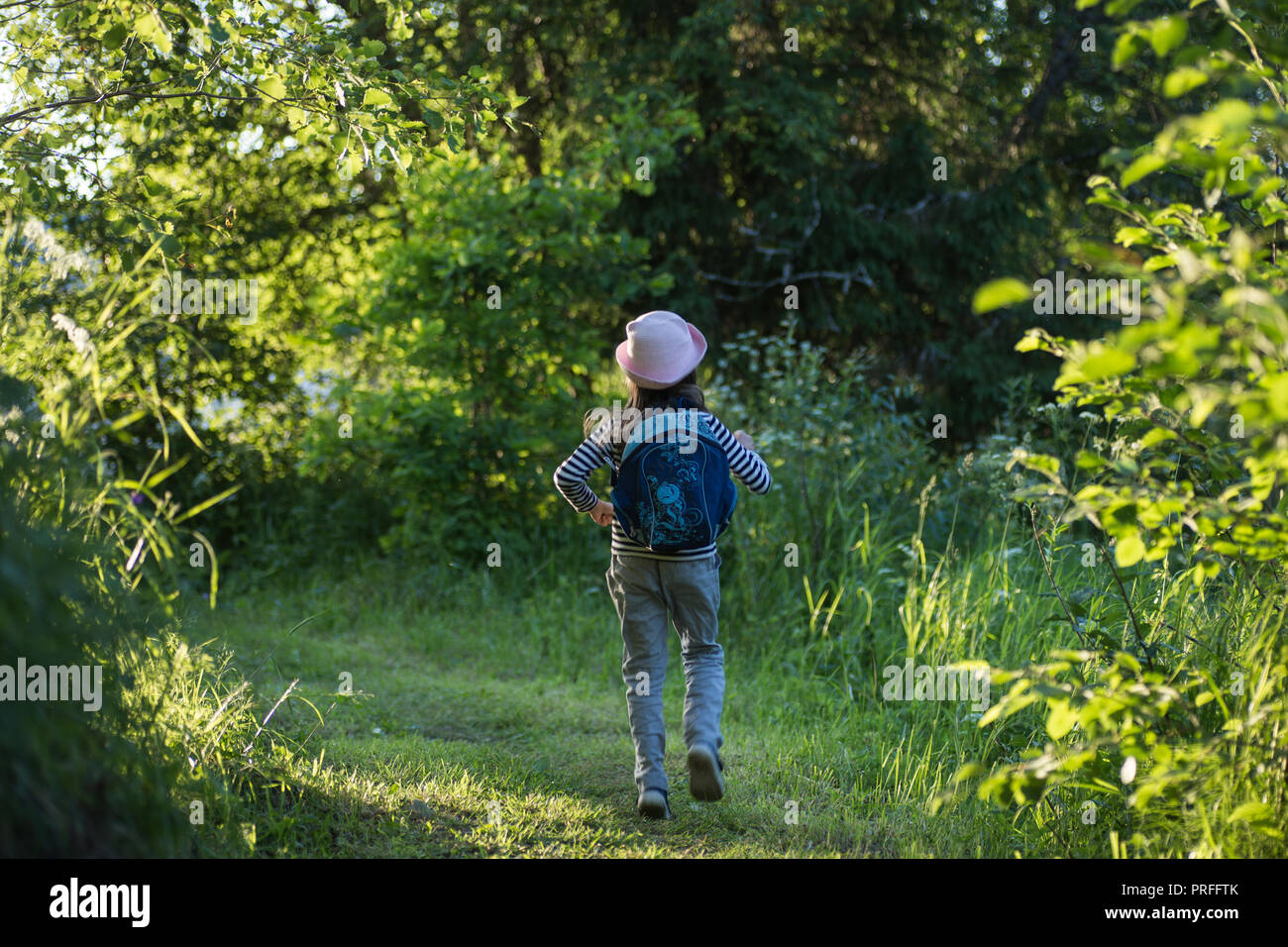 Traveler girl with backpack walking on path in the tropical forest ...