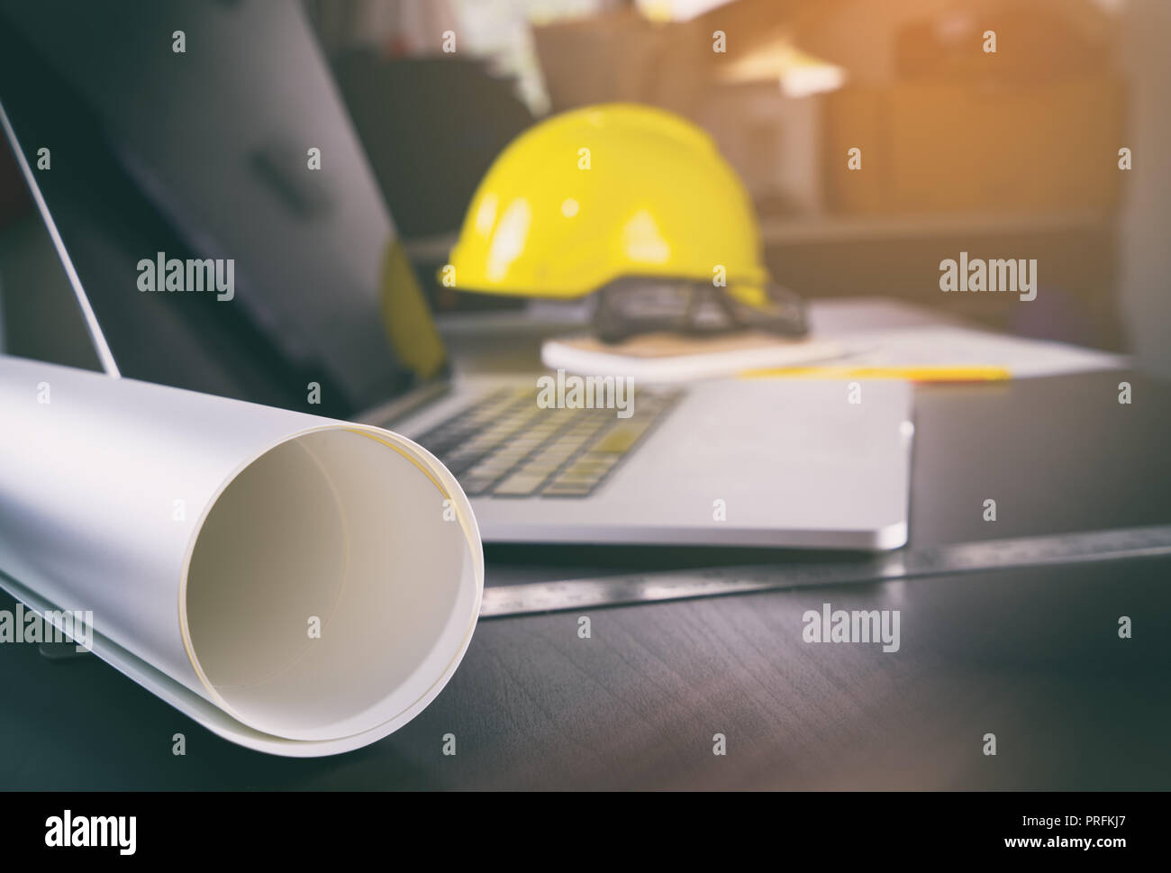 construction office desk with computer and paper works Stock Photo - Alamy