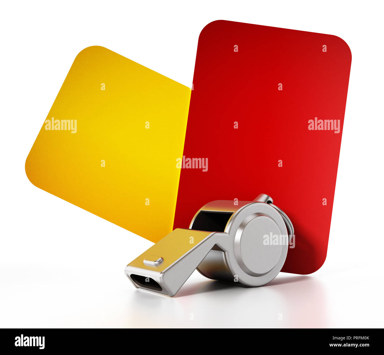 Red, yellow cards and referee whistle isolated on white background. 3D ...