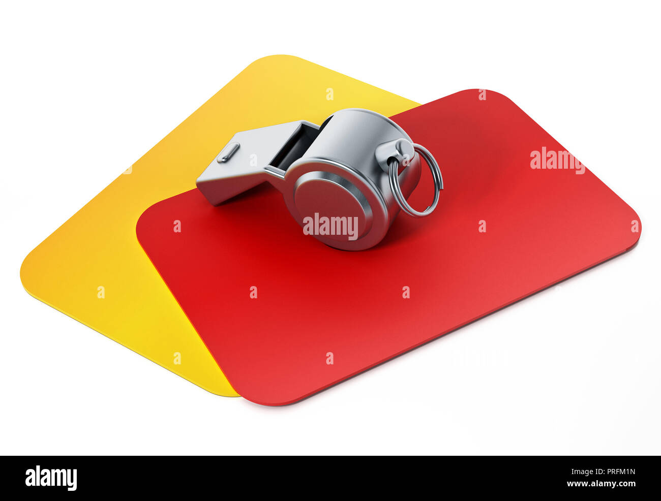 Red, yellow cards and referee whistle isolated on white background. 3D ...