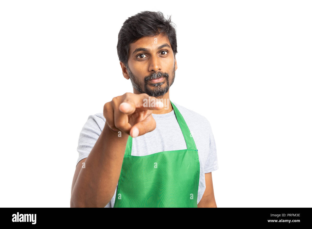 Hypermarket or supermarket male employee pointing at camera with index ...