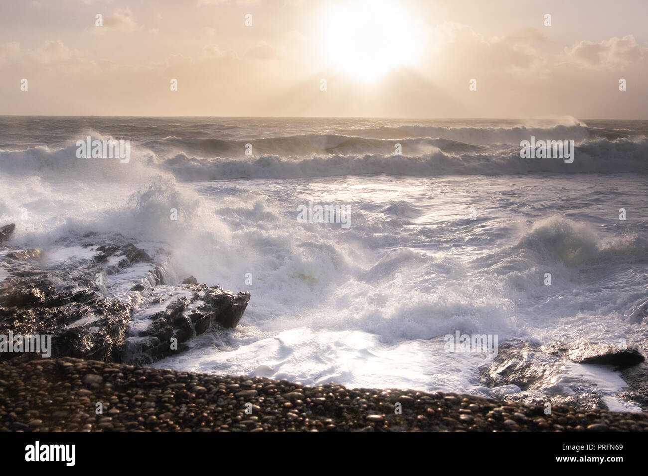 Huge foaming storm 30 foot waves battering Porthleven, housesl, cliffs ...