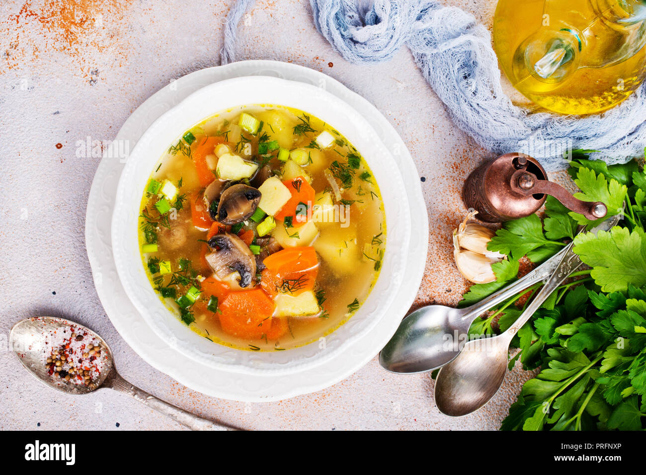 fresh soup with mushrooms in bowl, fresh vegetable soup Stock Photo - Alamy