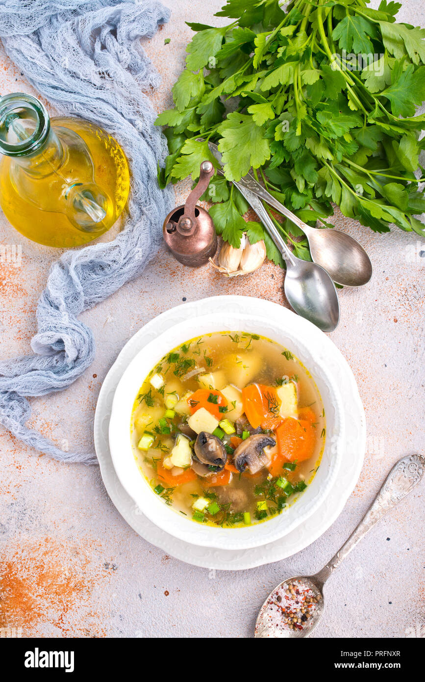 fresh soup with mushrooms in bowl, fresh vegetable soup Stock Photo - Alamy