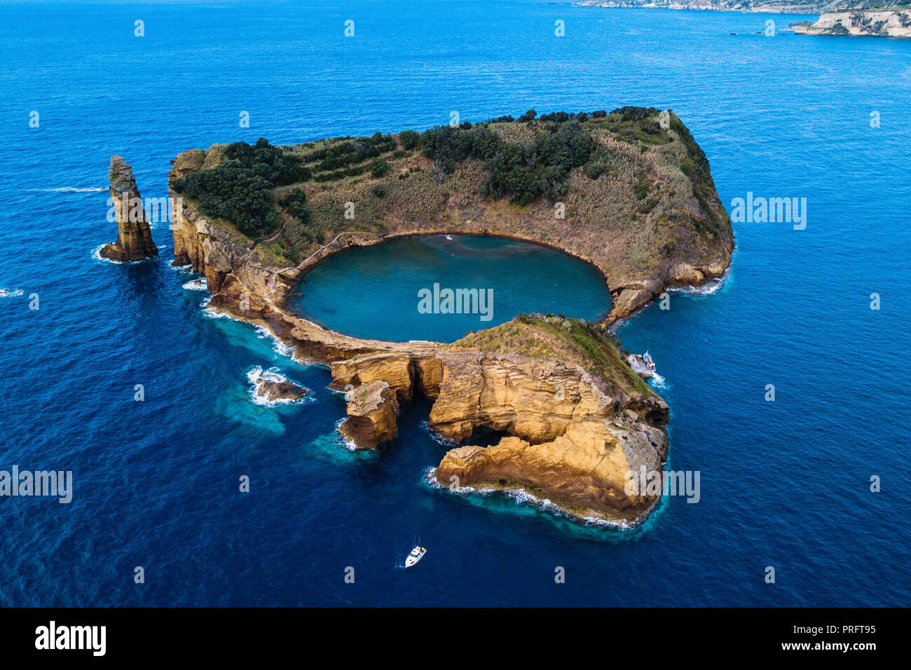 Top view of Islet of Vila Franca do Campo is formed by the crater of an ...