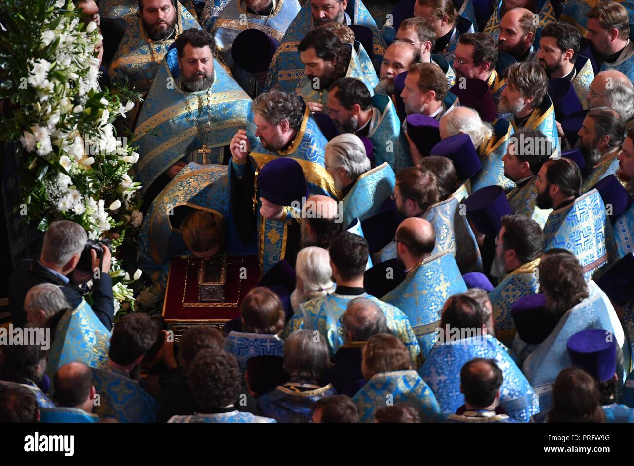 September 21, 2018. - Russia, Moscow. - Orthodox priests welcome relics ...
