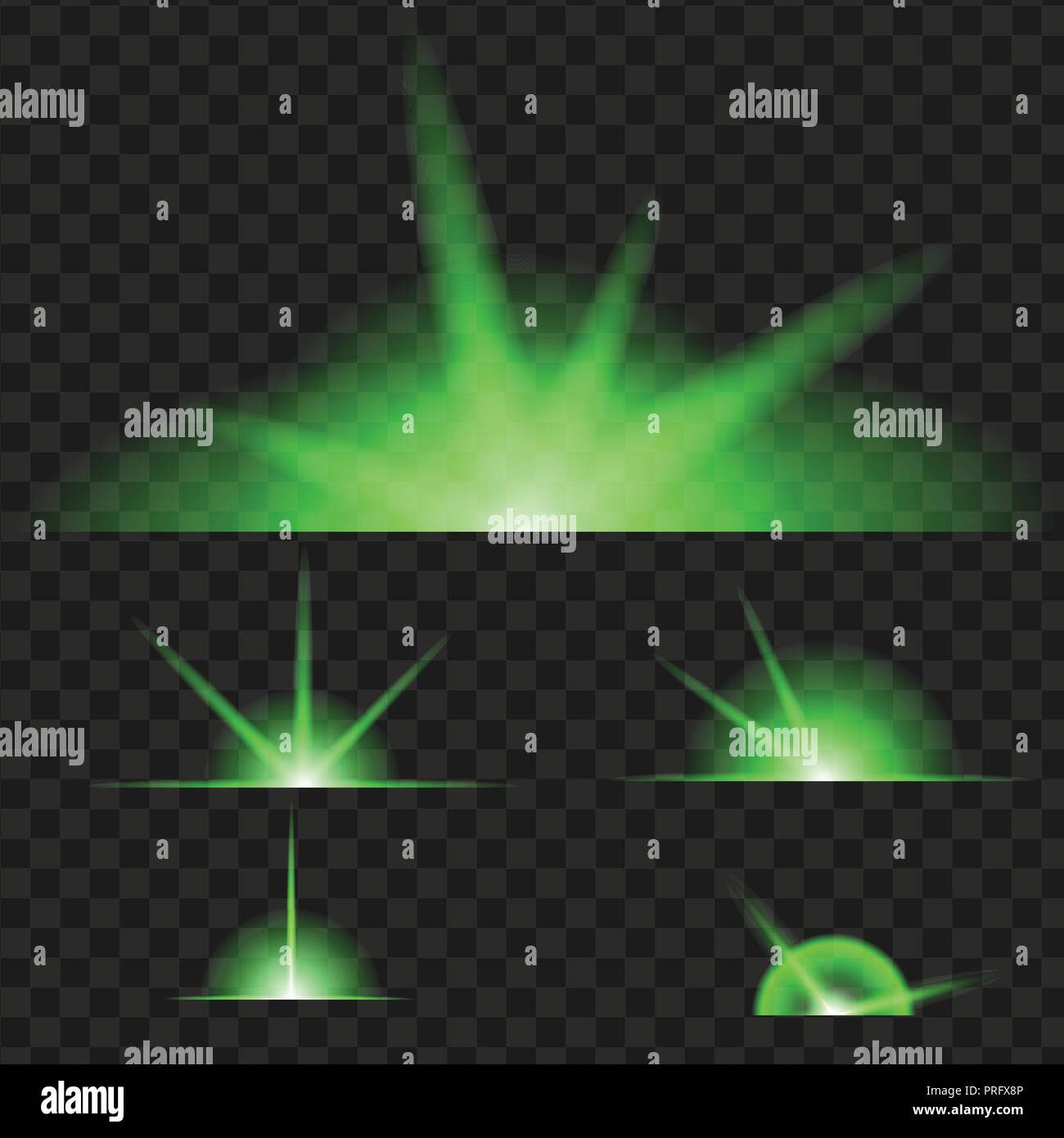 Set of green glowing light effect. Isolated on black transparent ...