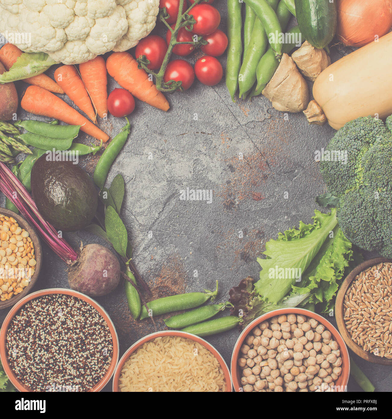 Variety of different vegetables and grains, top view, copy space for ...
