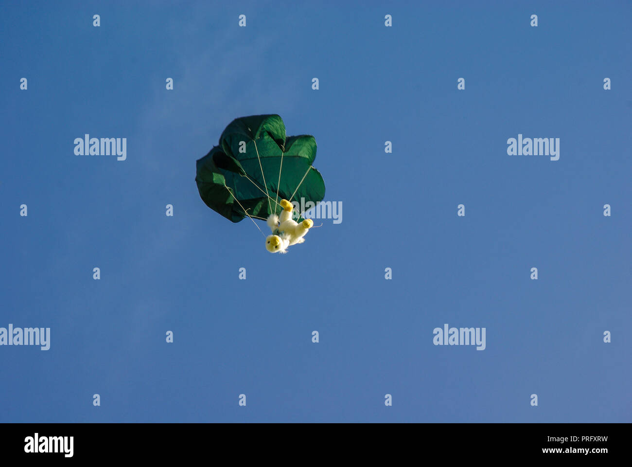 Plushy child's toy goose or duck descending by parachute in blue sky ...