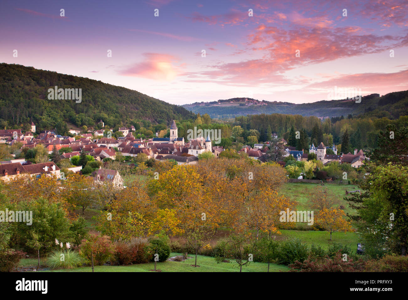 The medieval village of Daglan Dordogne France at sunrise Stock Photo ...