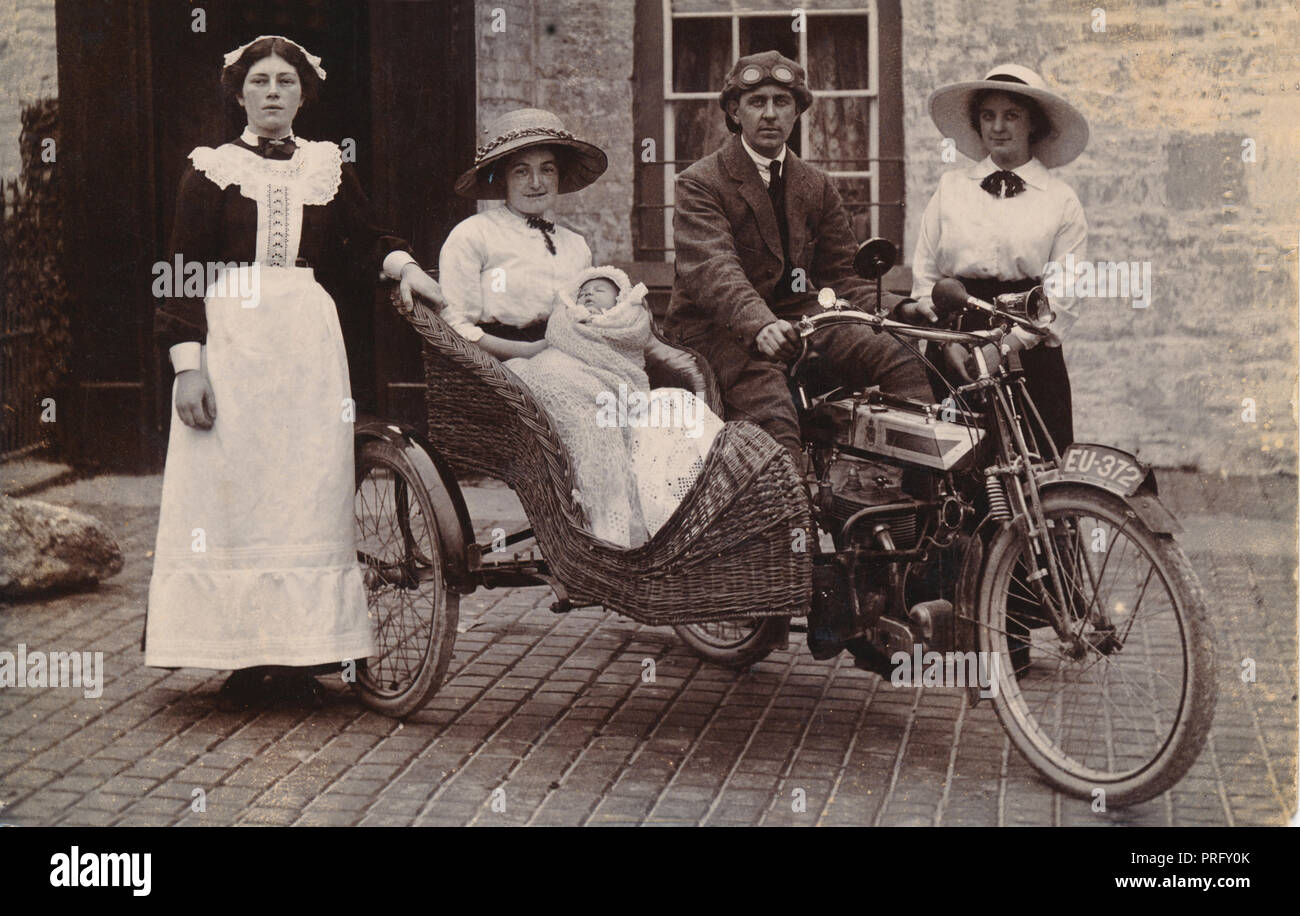 Family on a 1910 Victoria motorcycle & wicker sidecar combination with ...