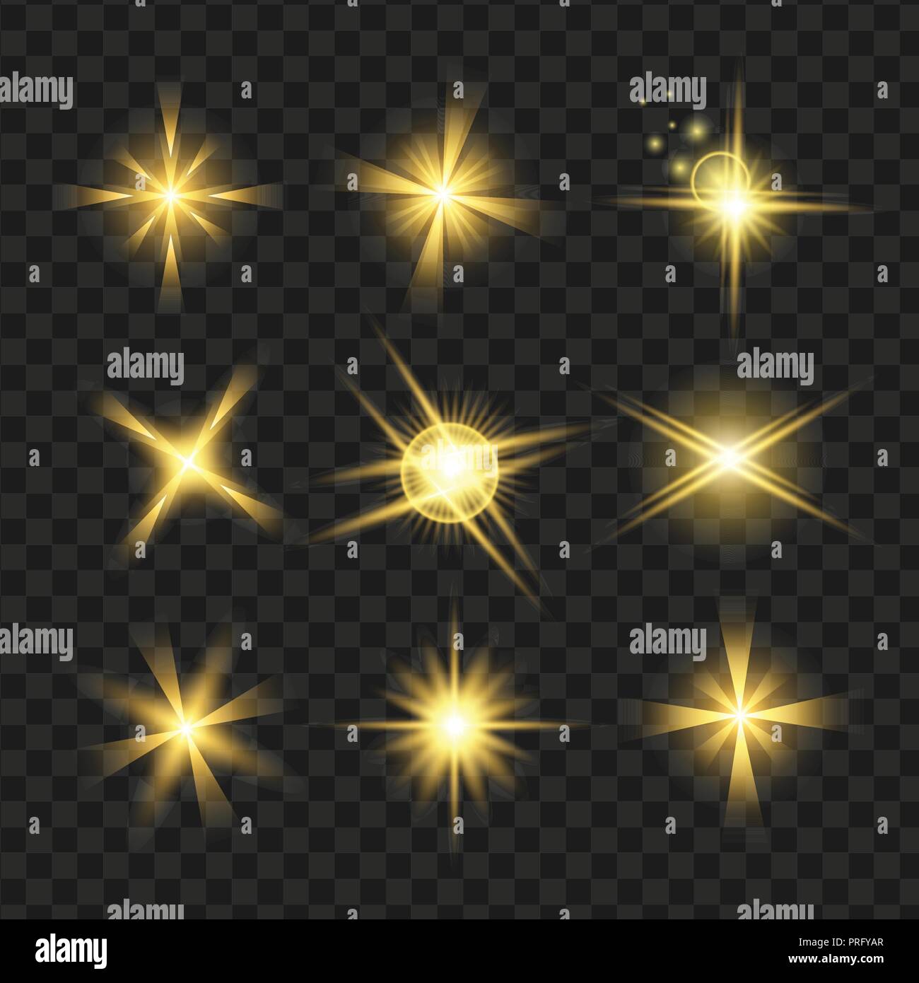 yellow shine stars with glitters, sparkles icons set. Effect twinkle ...