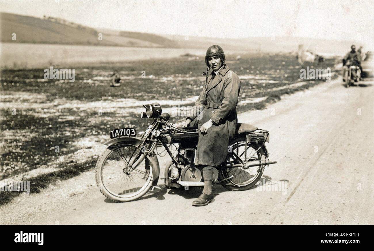 Gentleman wearing a leather helmet sat on a 1914 Connaught Blackburn ...
