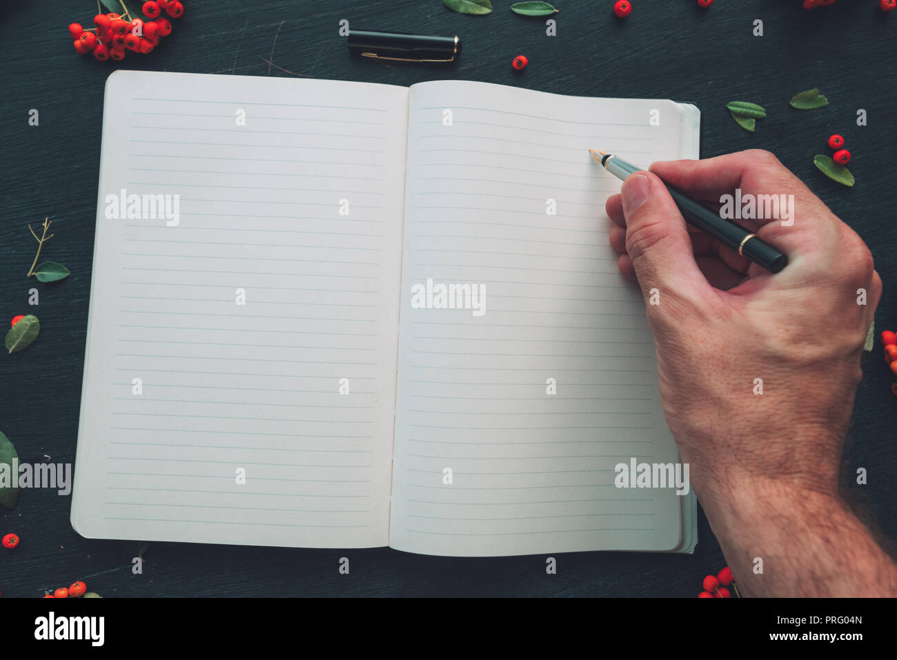 Flat lay hand writing diary, top view mock up copy space on wooden ...