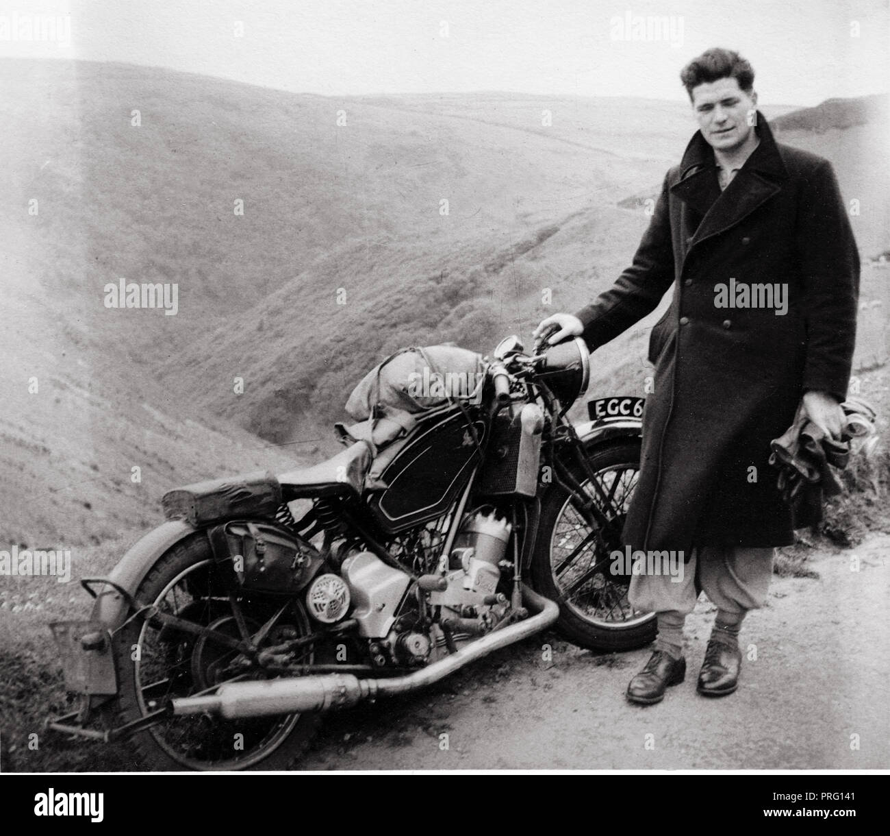 Travelling biker with his 1938 Scott Flying Squirrel 500cc twin two ...