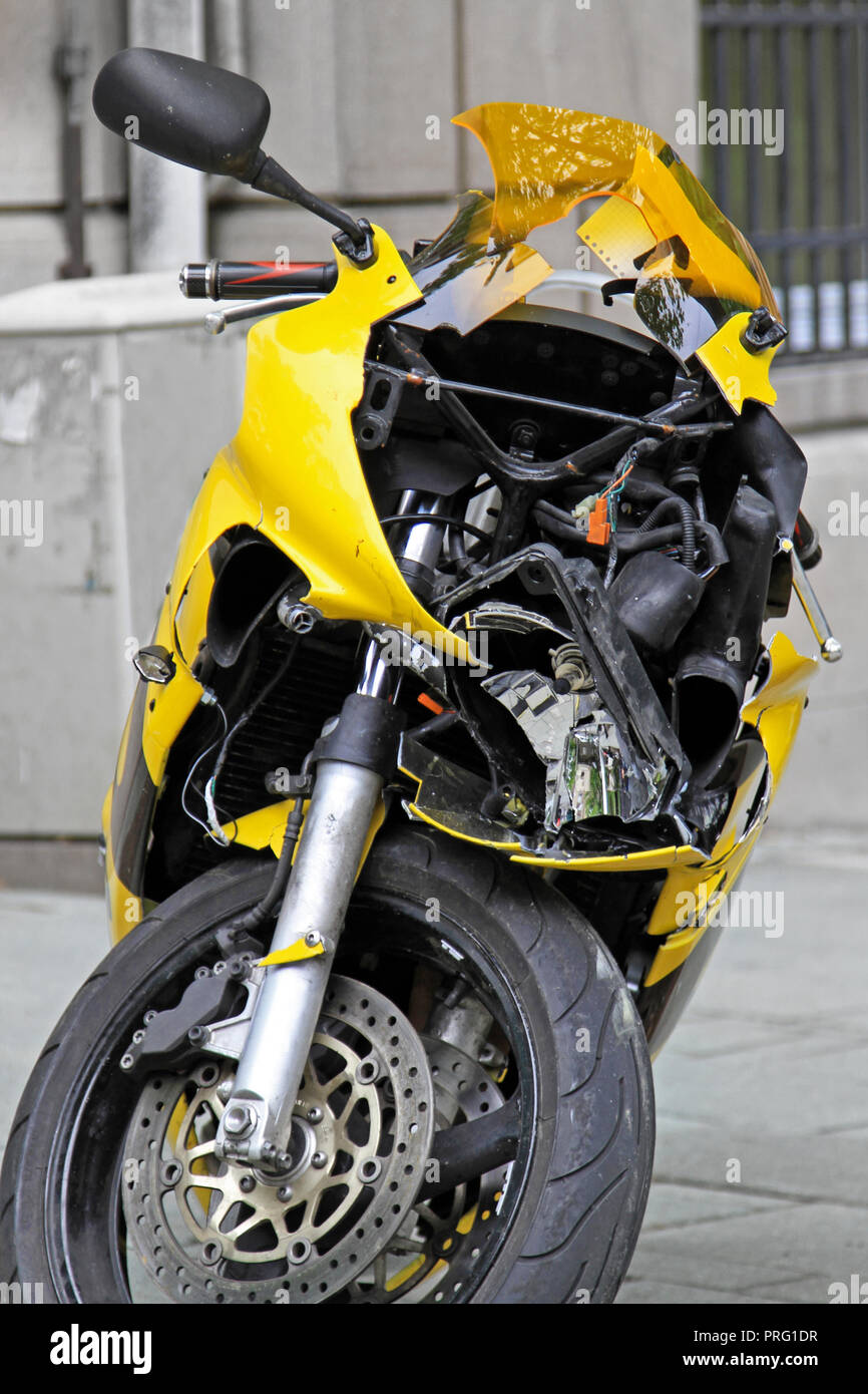 Crushed Front of Motorcycle in Traffic Accident Stock Photo - Alamy