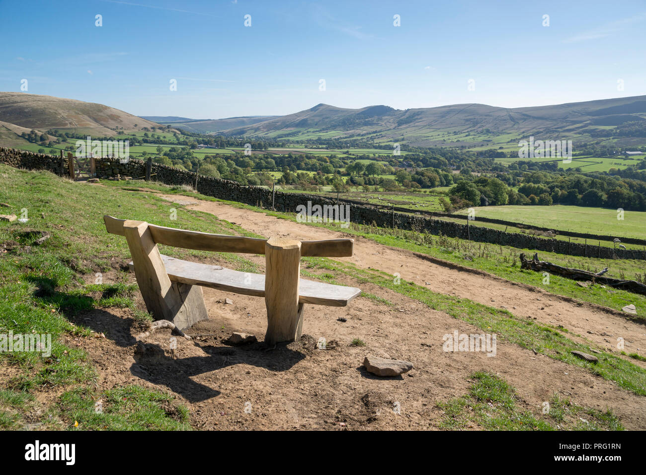 Bench beside the Pennine Way at Edale in the Peak District national ...