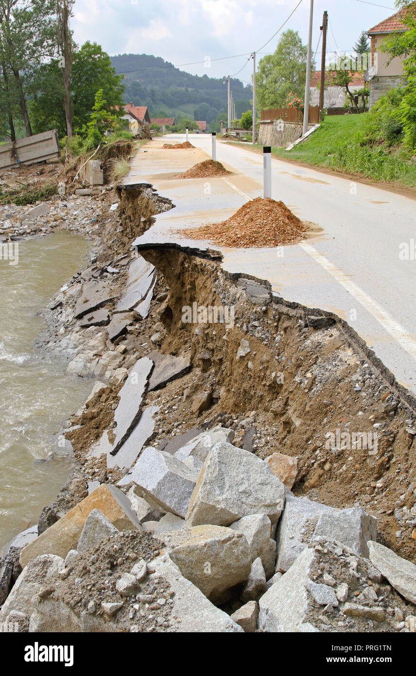 Destroyed Road Landslide Damage in Powerful Floods Stock Photo - Alamy