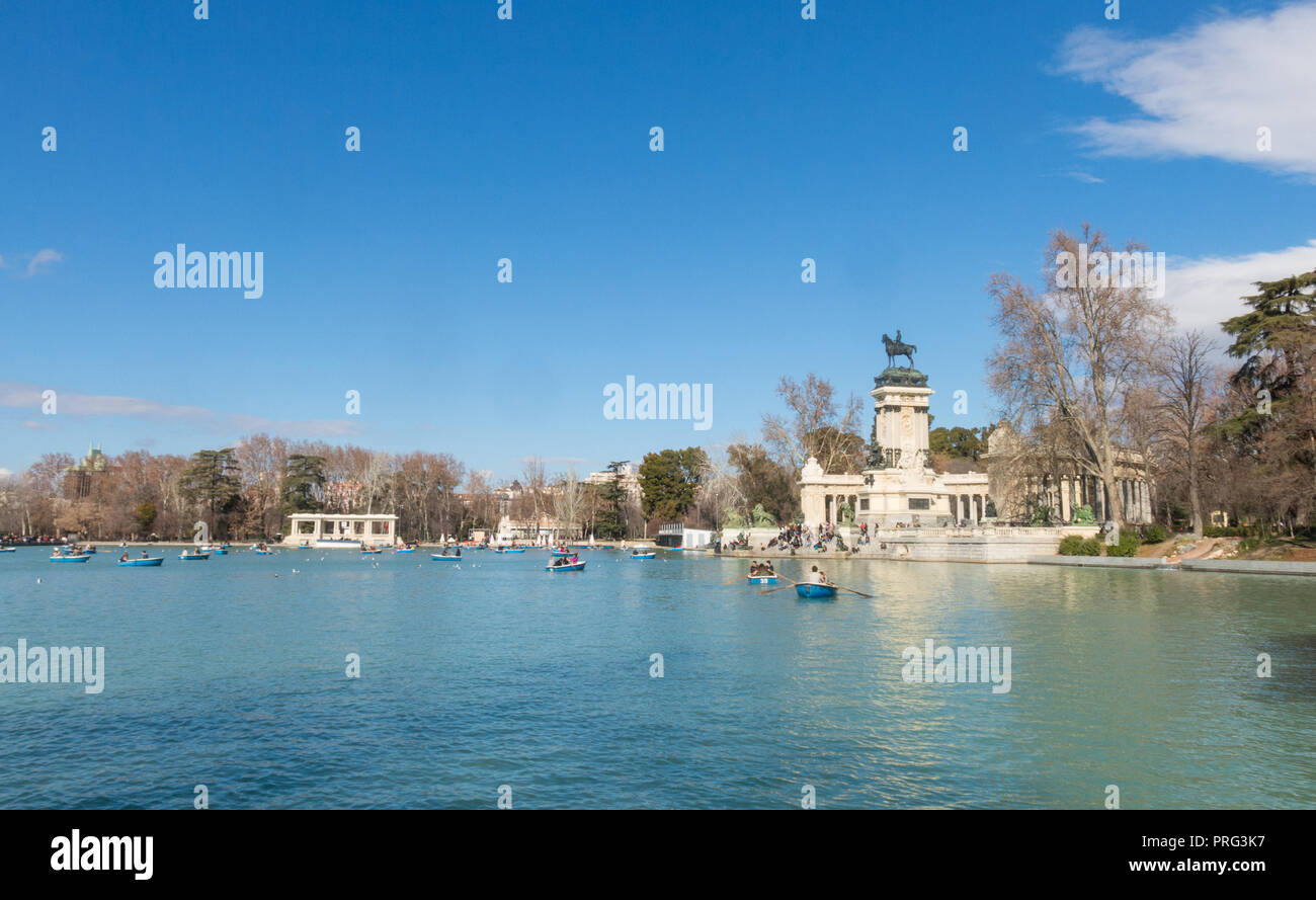 Madrid, Spain - January 27, 2018: People enjoying a boat ride on the ...