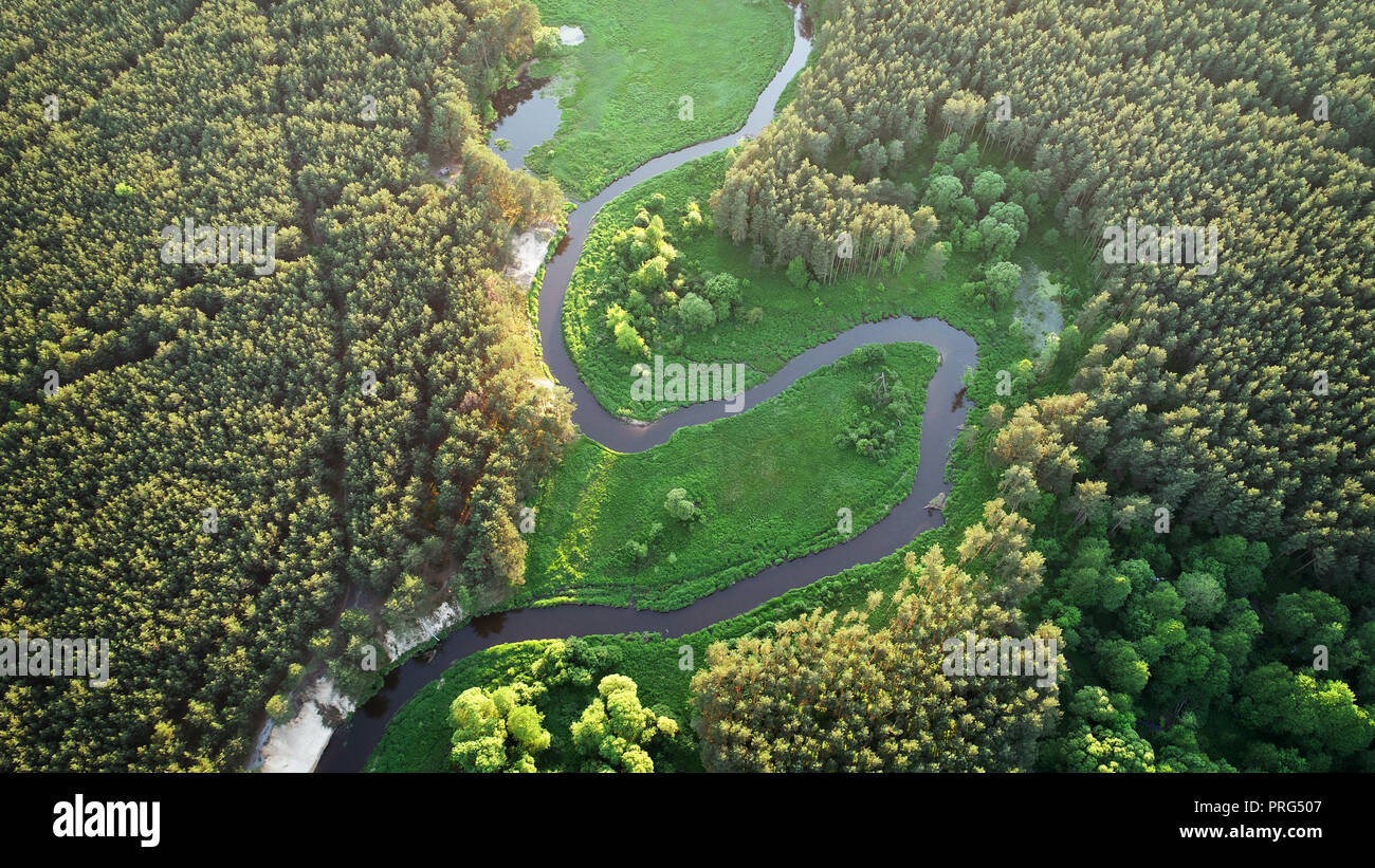 Aerial view of natural river in spring Stock Photo - Alamy