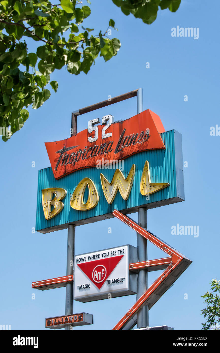 Old neon sign on Tropicana Lanes Bowling Center, Clayton Road, Richmond ...