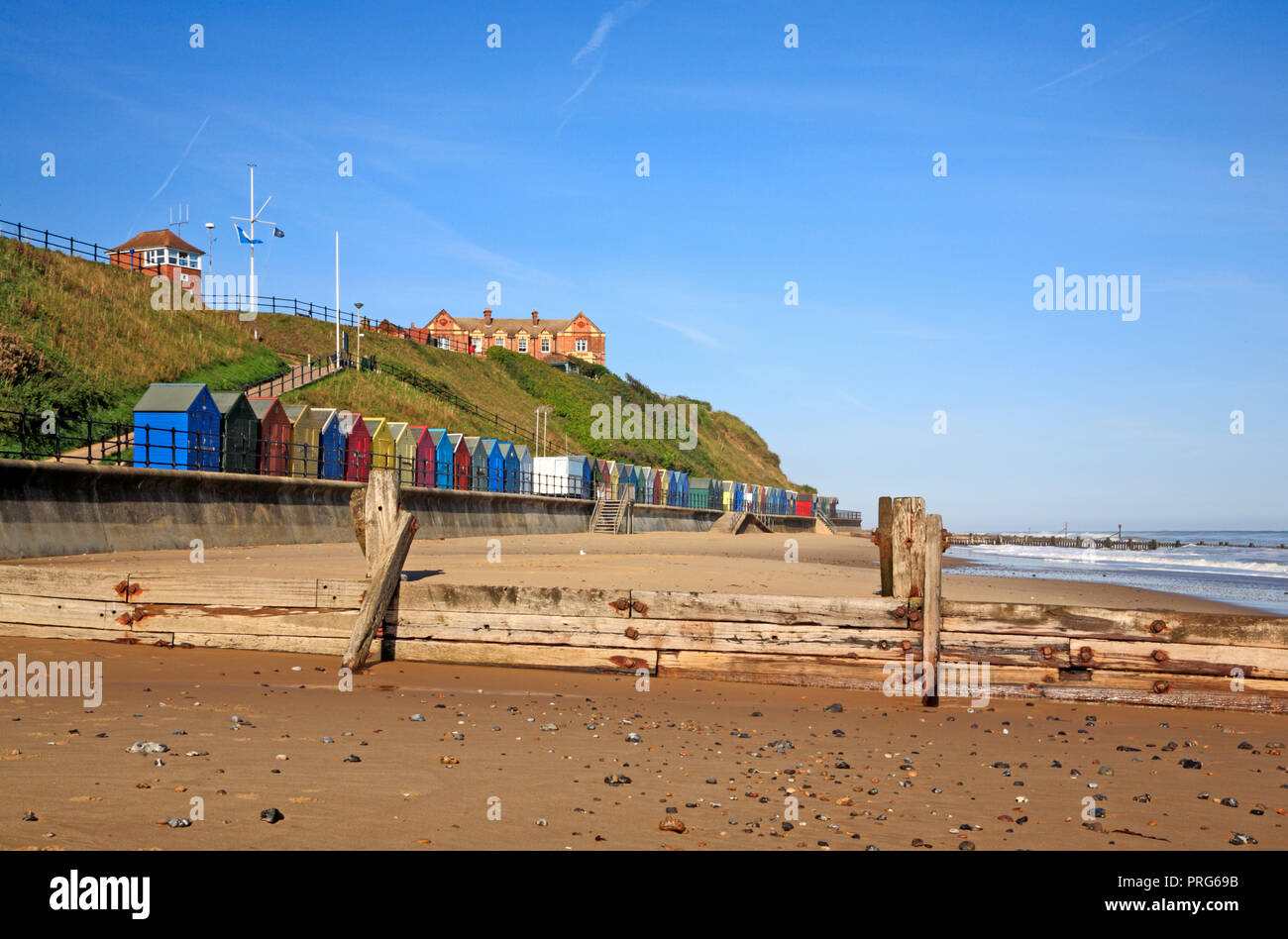 A view along the beach at the North Norfolk village resort of Mundesley ...