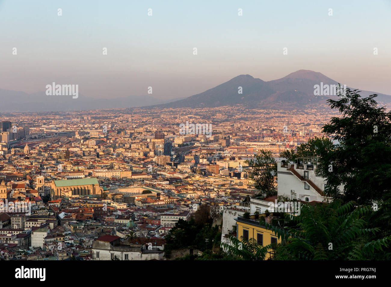 View over Naples and the surrounding bay at sunset from the Castel Sant ...