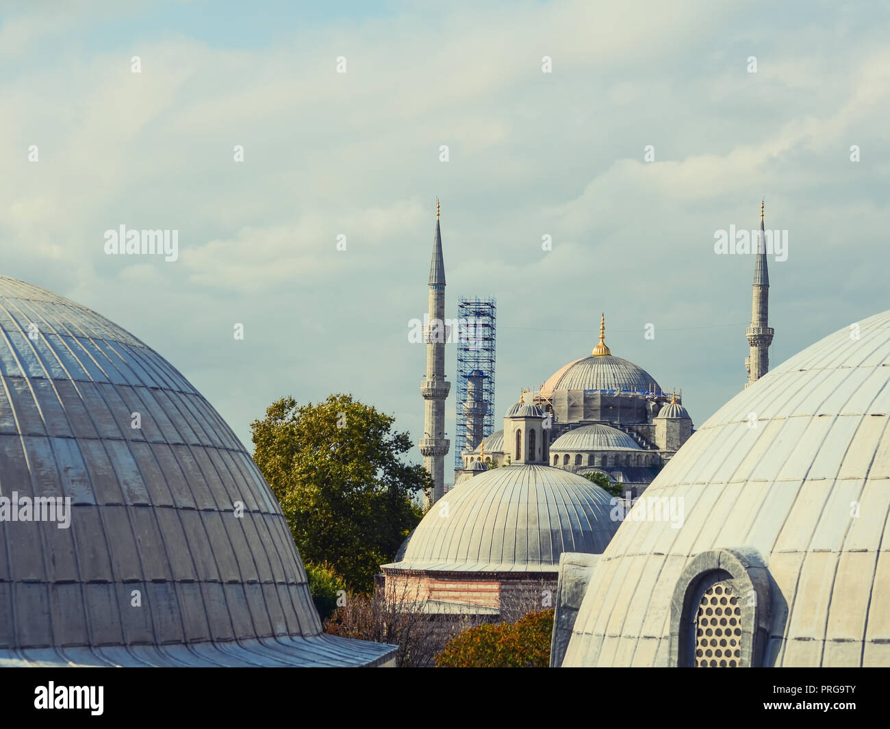 Restoration of the Blue Mosque in Istanbul. View between the domes of ...