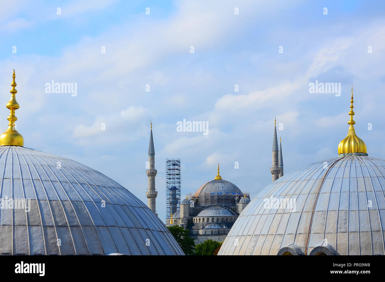 Restoration of the Blue Mosque in Istanbul. View between the domes of ...
