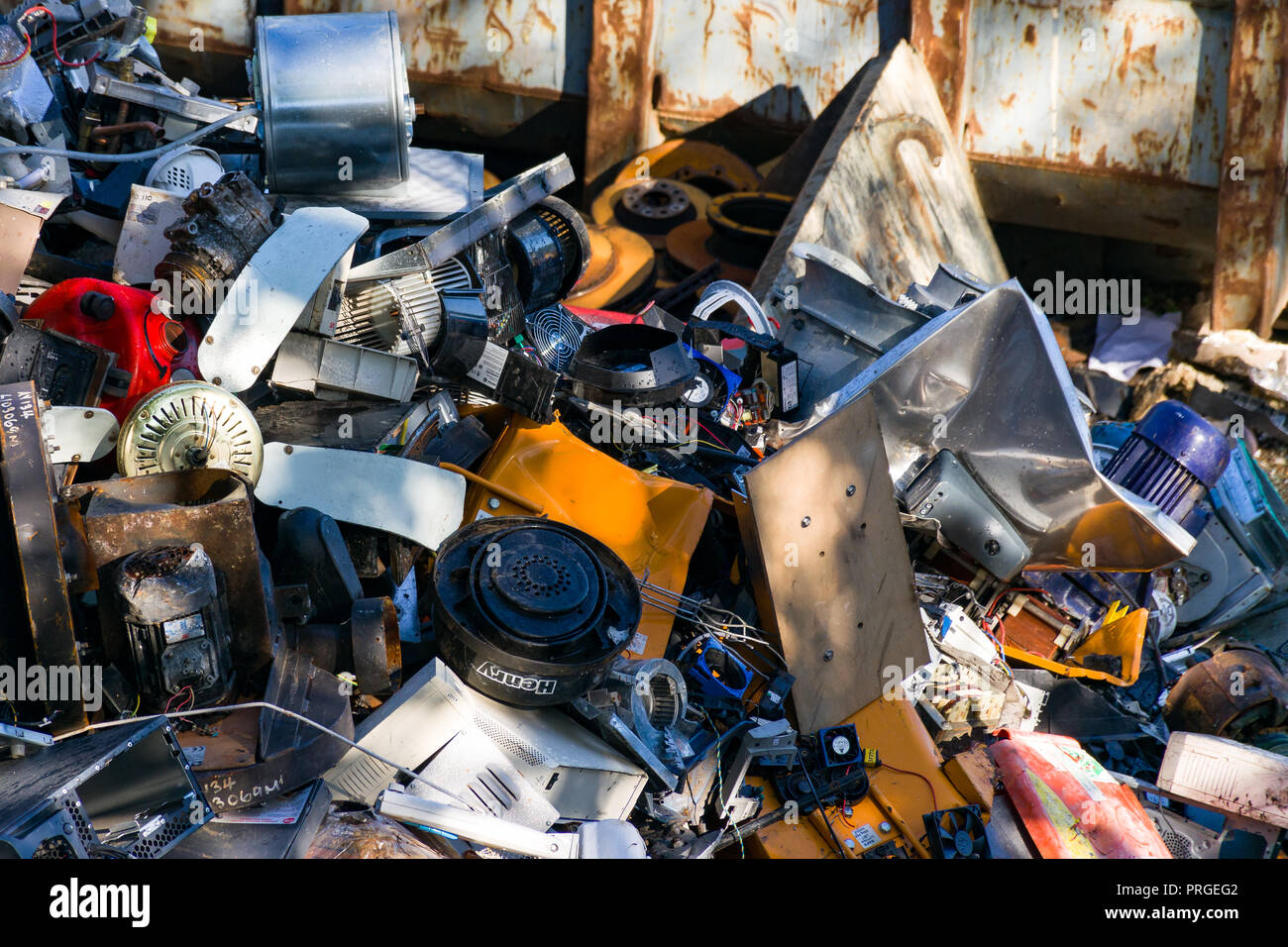 A large heap of scrap metal products waiting to be recycled at a scrap ...