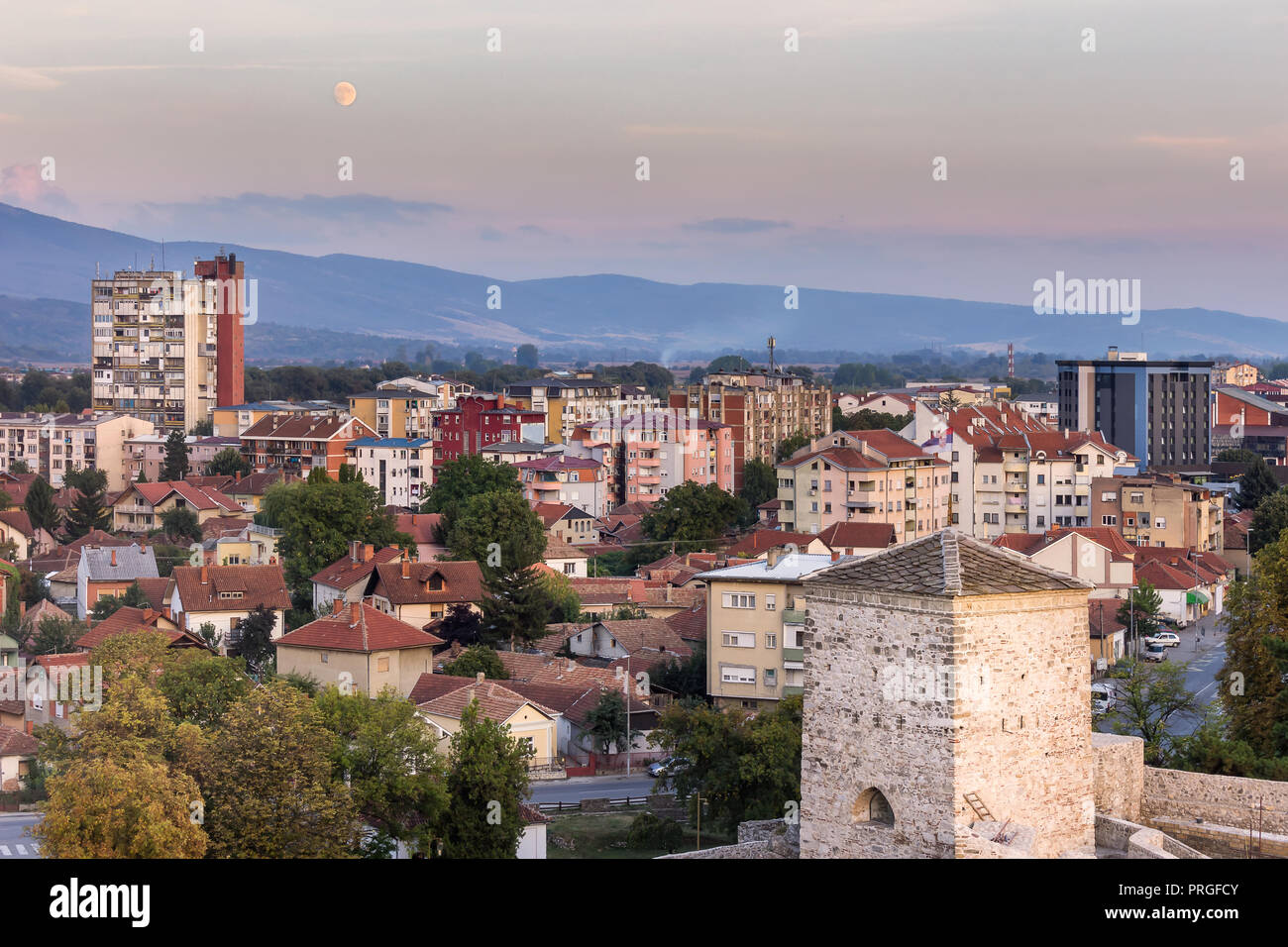 Close-up of Pirot city ancient fortress main tower, hotel and tallest ...