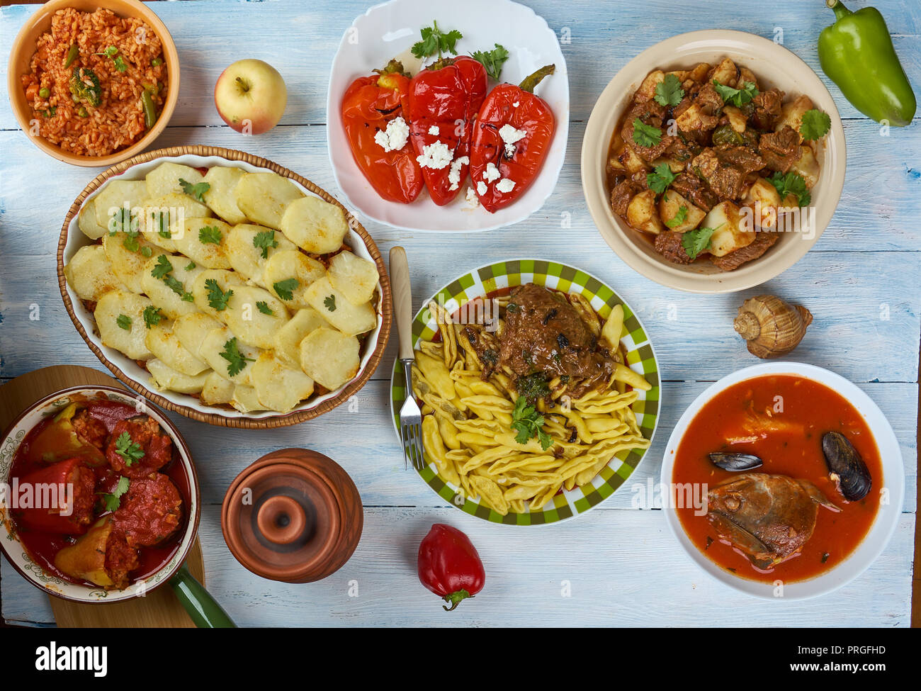Balkan cuisine cuisine, Traditional assorted dishes, Top view Stock ...