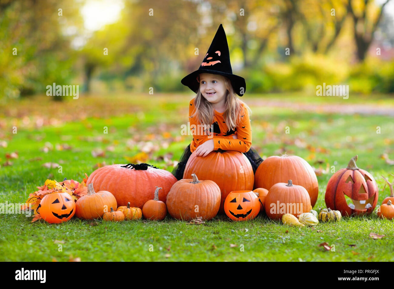 Children in black and orange witch costume and hat play with pumpkin ...