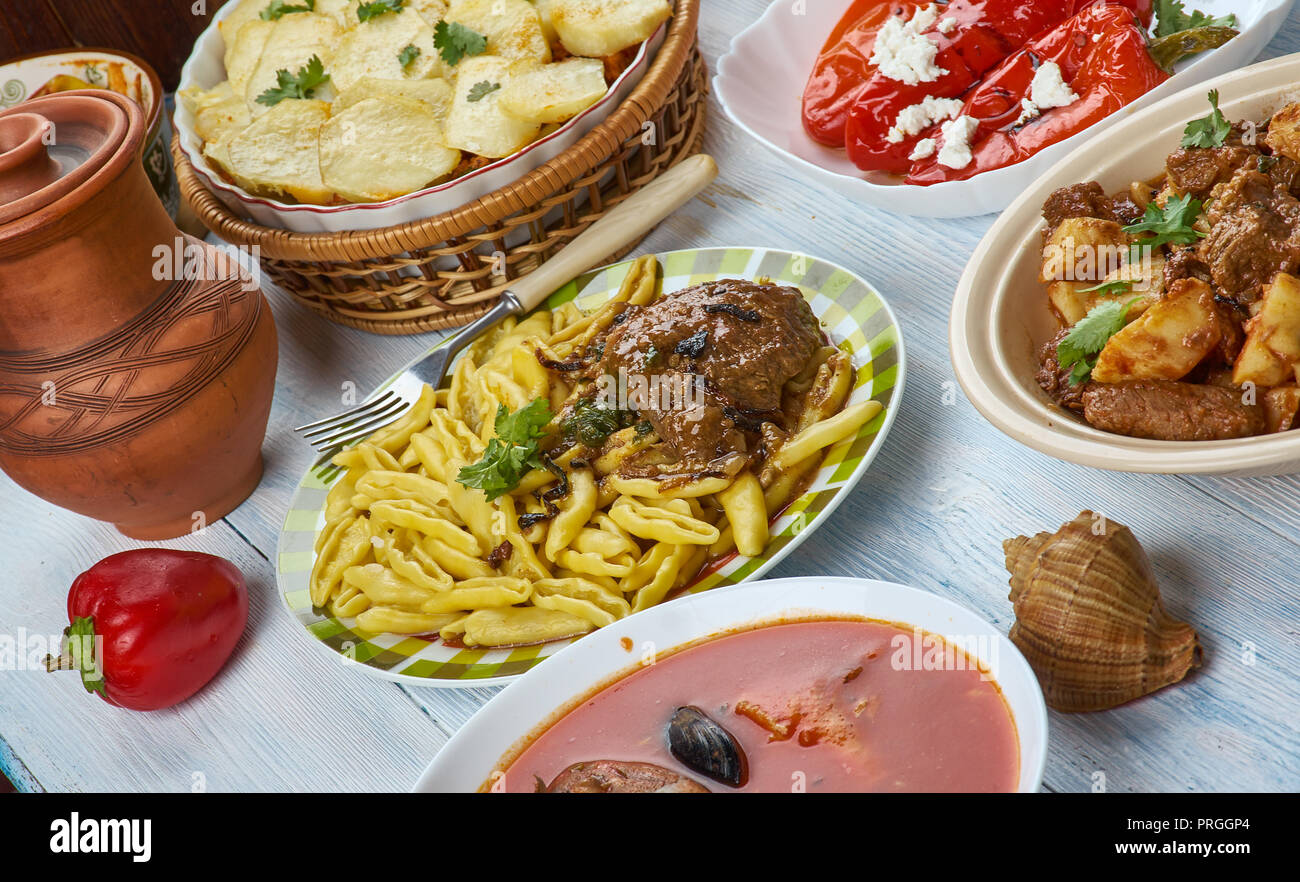 Balkan cuisine cuisine, Traditional assorted dishes, Top view Stock ...