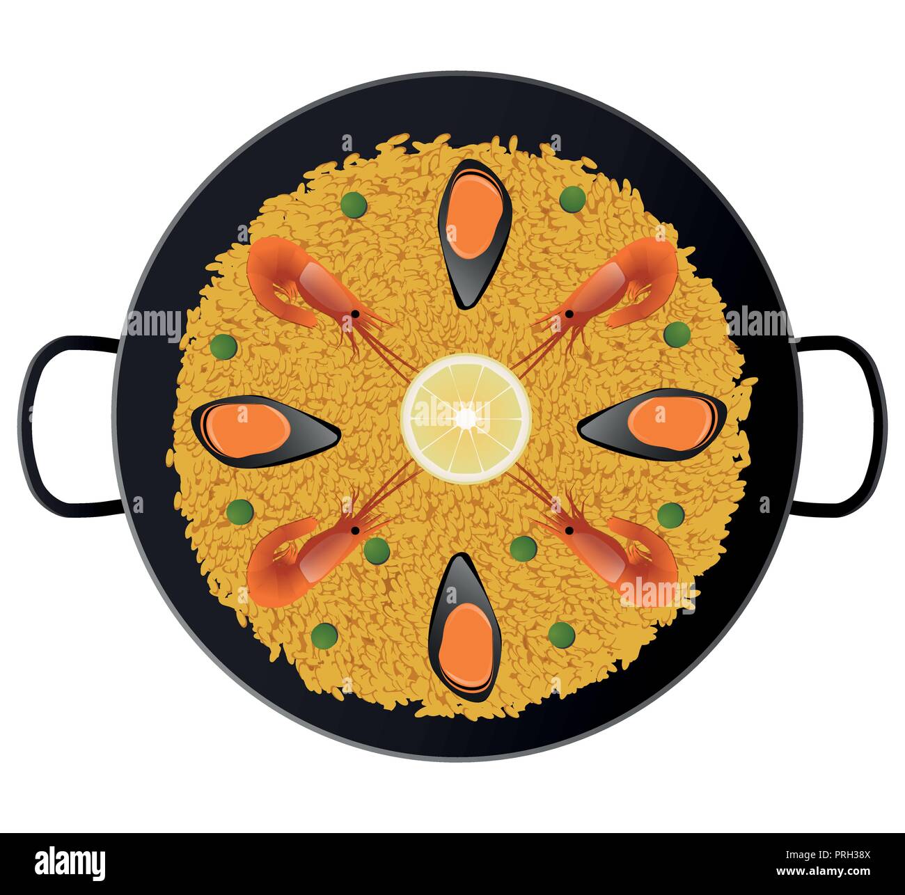 Typical Spanish paella with prawns and mussels. Vector illustration ...