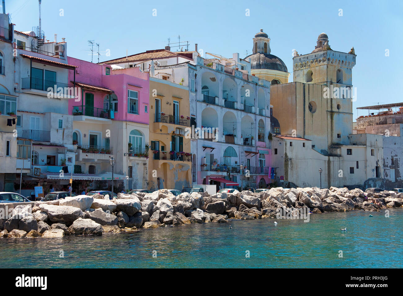 Old houses at waterfront of Ischia Ponte, Ischia island, Gulf of Neapel ...