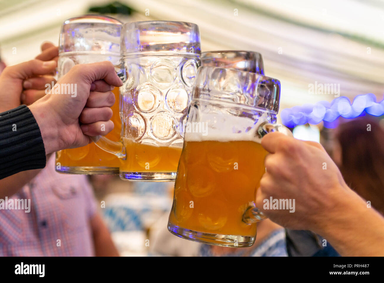 A group of young people Friends toasting with glasses of beer at the ...