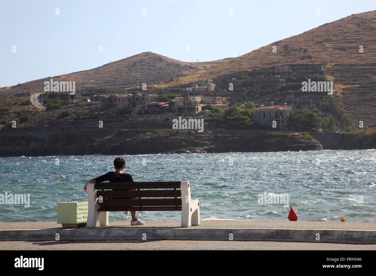Kea Island Greece Port Korissia Woman Sitting on Bench at Waterfront ...