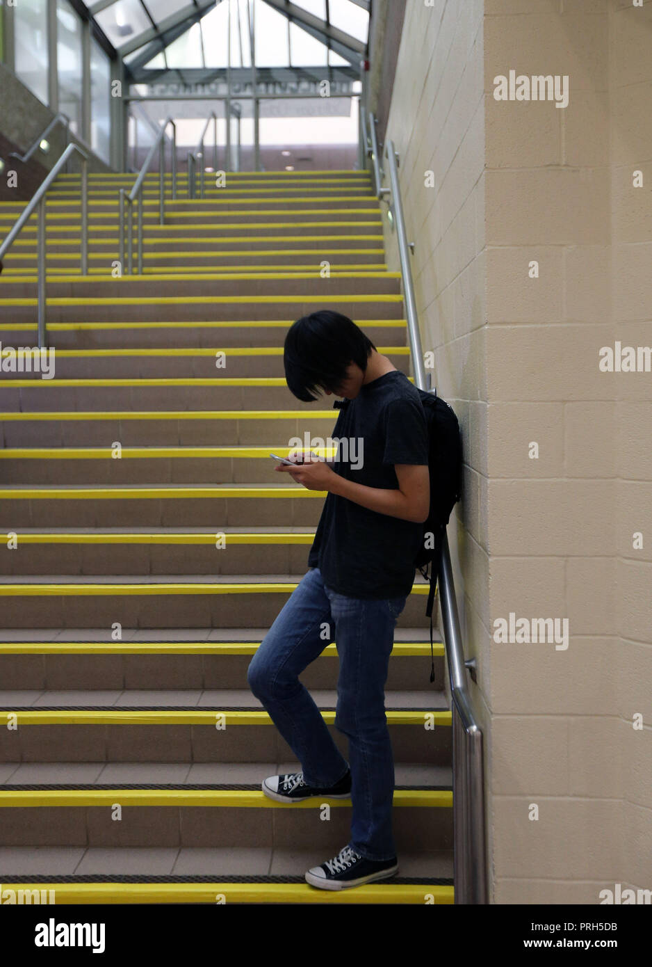 A student checking messages on his cell phone on a school stairway ...