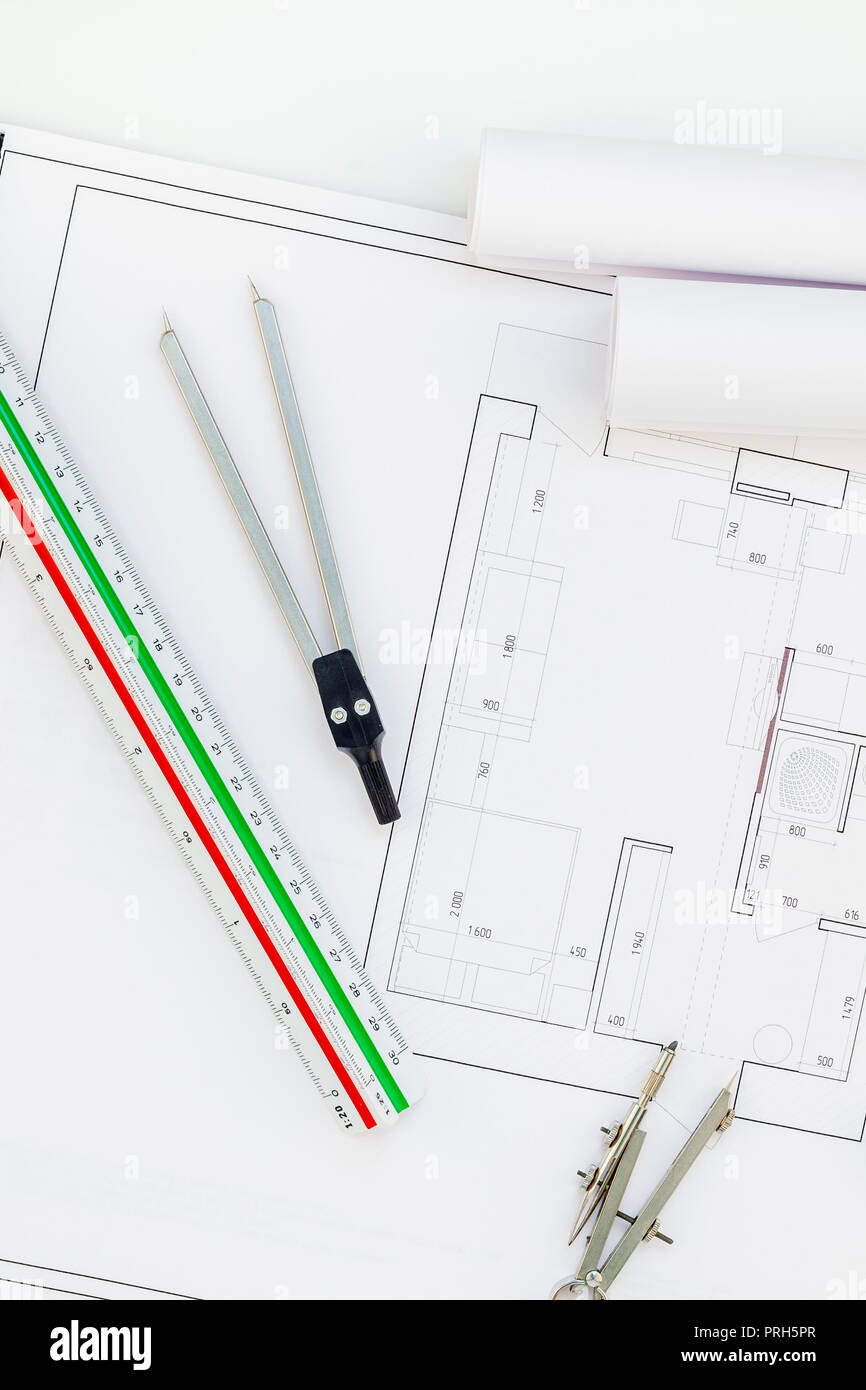 Creative flat lay overhead top view blueprints architectural flat ...