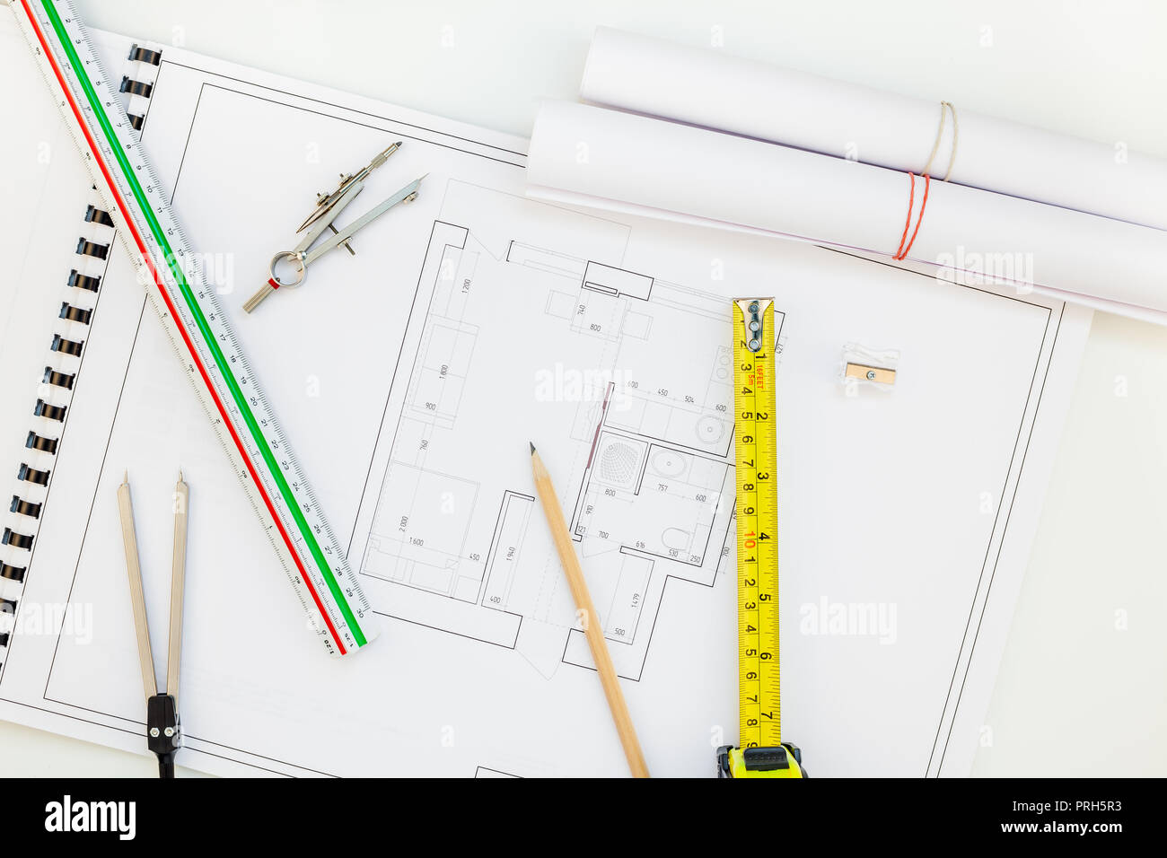 Creative flat lay overhead top view blueprints architectural flat ...