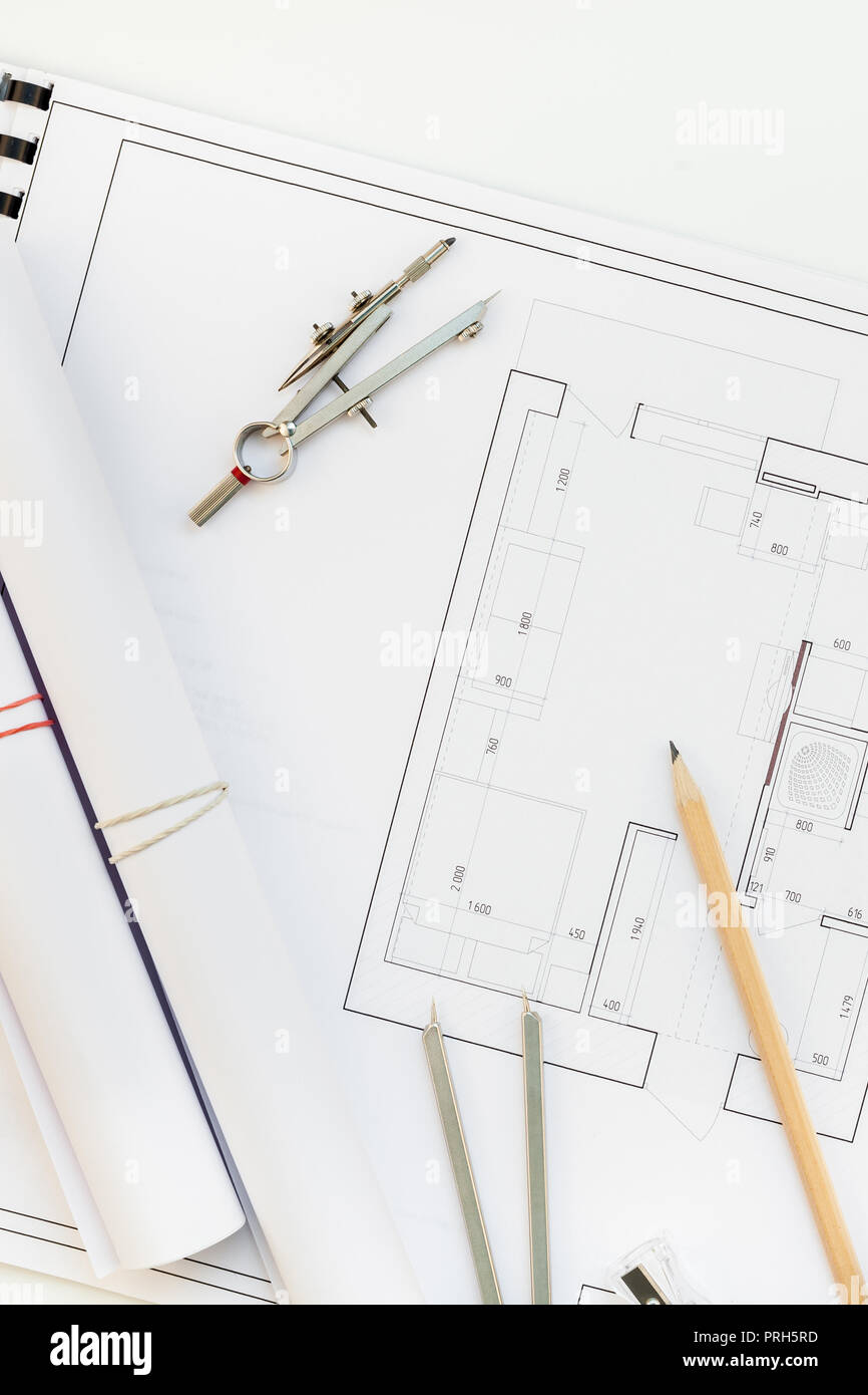 Creative flat lay overhead top view blueprints architectural flat ...