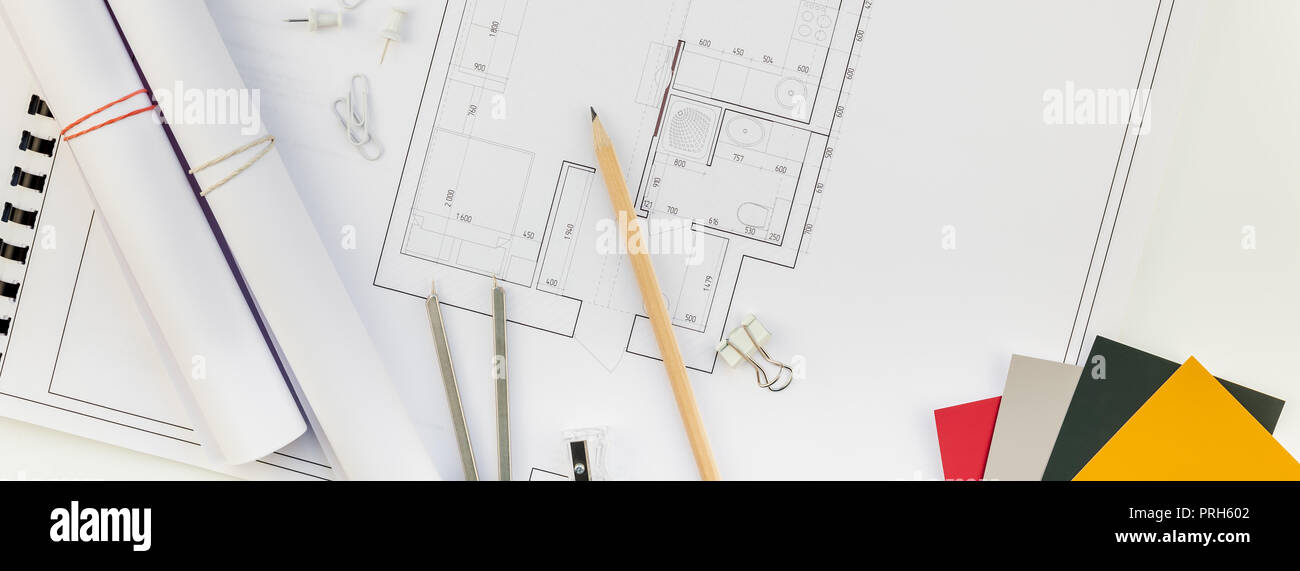 Creative flat lay long wide banner top view blueprints architectural ...