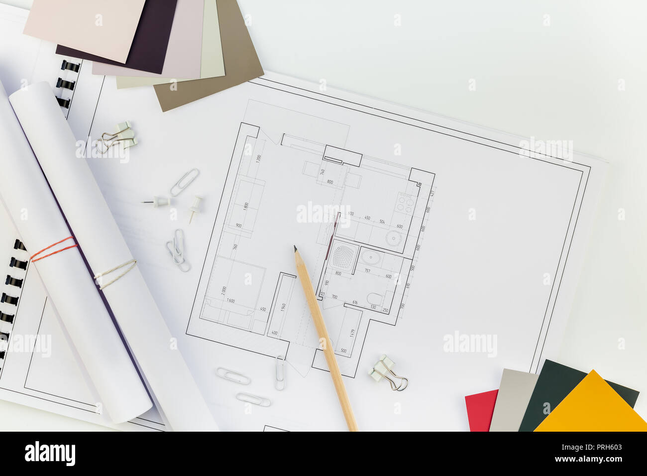 Creative flat lay overhead top view blueprints architectural flat ...